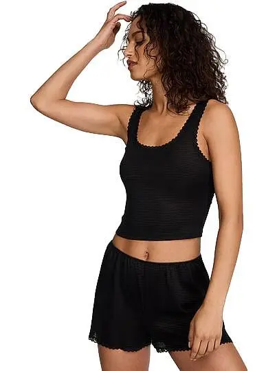 Victoria's Secret Cotton Shadow Stripe Cropped Tank & Shorts Set - Black