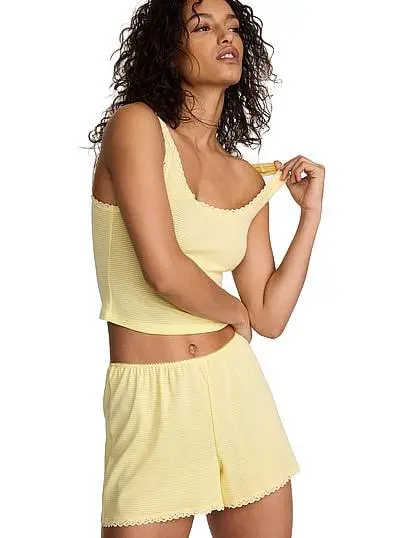 Victoria's Secret Cotton Shadow Stripe Cropped Tank & Shorts Set - Yellow
