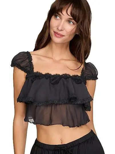 Victoria's Secret Dream Angels Chiffon Lace-trim Cap-sleeve Top - Black