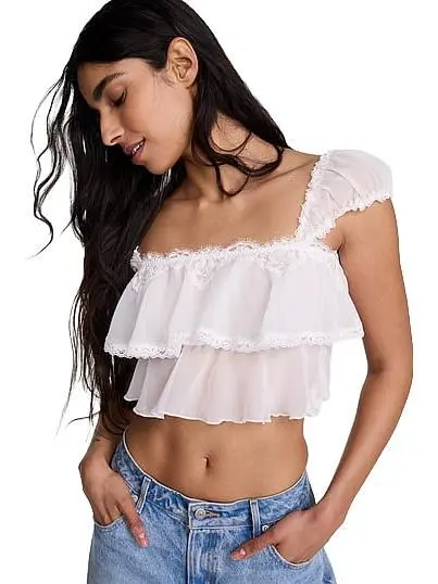 Victoria's Secret Dream Angels Chiffon Lace-trim Cap-sleeve Top - White,ivory
