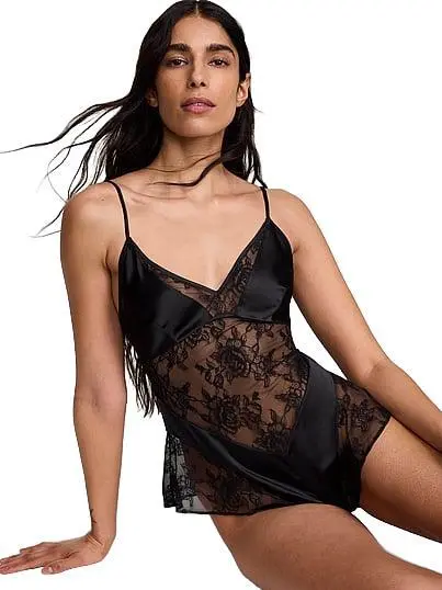 Victoria's Secret Very Sexy Satin & Rose Lace Flutter Romper - Black