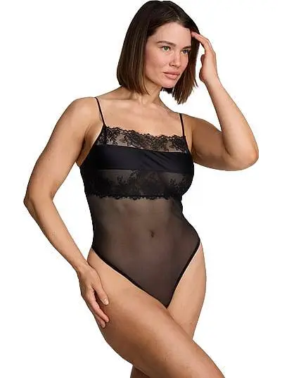 Victoria's Secret Rose Lace & Mesh Straight-neck Bodysuit - Black