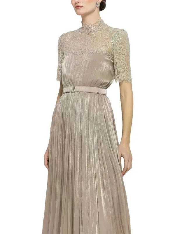 NISSA Lace-panel Chiffon Midi Dress - Neutrals