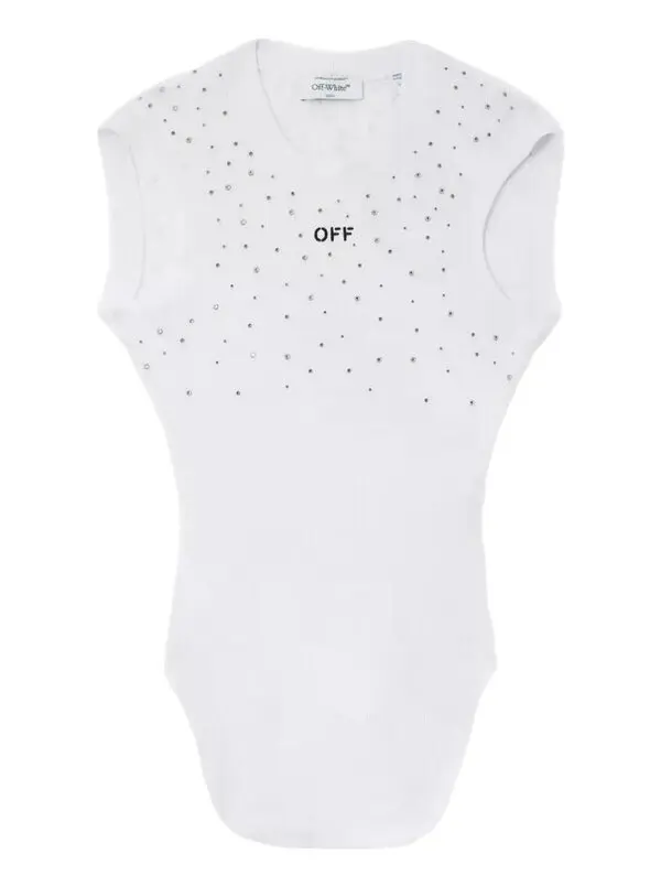 Off-White Embellished Ribbed Top - White