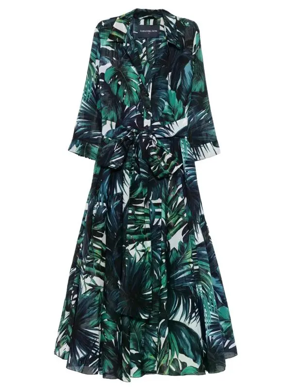 Samantha Sung Aster Palm-print Tie Midi Dress - Green