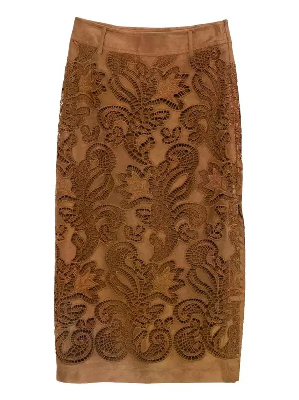 ERMANNO FIRENZE Floral Laser-cut Midi Skirt - Brown