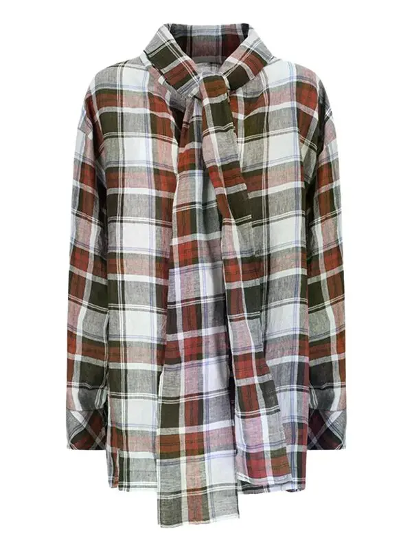 MARBELL Kendall Plaid Blouse With Tie Detail - Brown