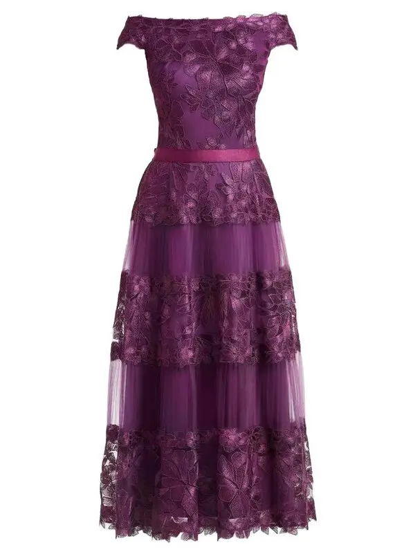 Tadashi Shoji Adriane Floral-embroidered Midi Dress - Purple