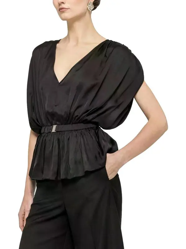 NISSA Belted V-neck Top - Black