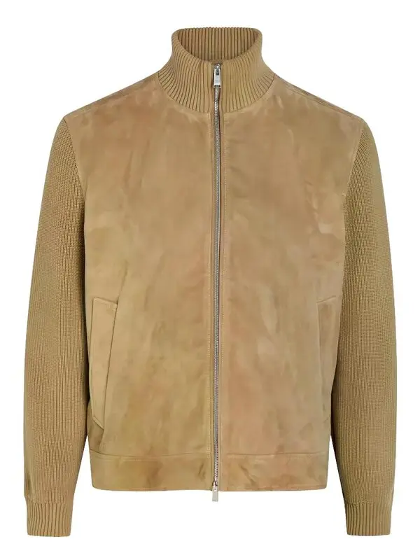 BOSS Knitted Sleeve Suede Jacket - Neutrals