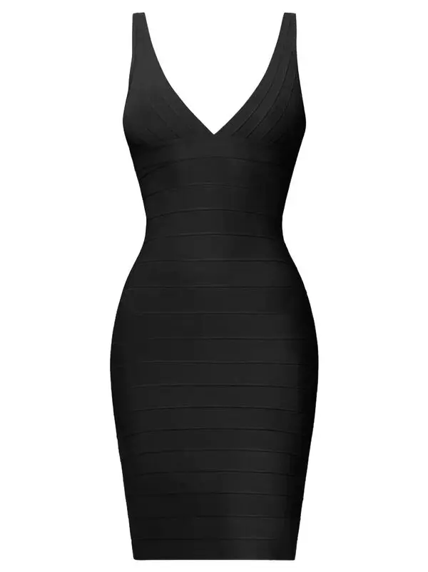 Herve Leger Ribbed V-neck Mini Dress - Black