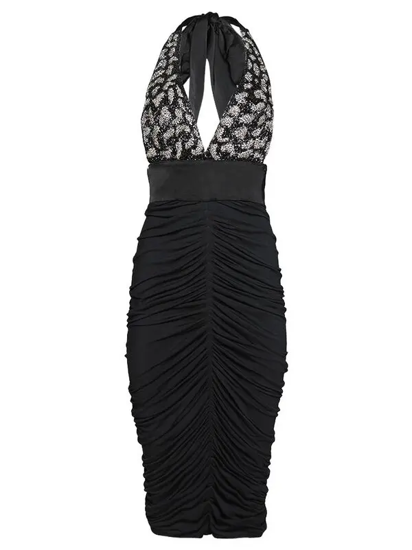 GRACE FAENA Leopard Beaded Jersey Midi Dress - Black