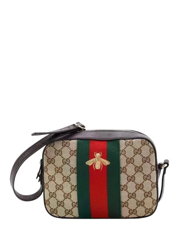Gucci Bee Web Camera Bag Gg Canvas Crossbody Bag - Brown