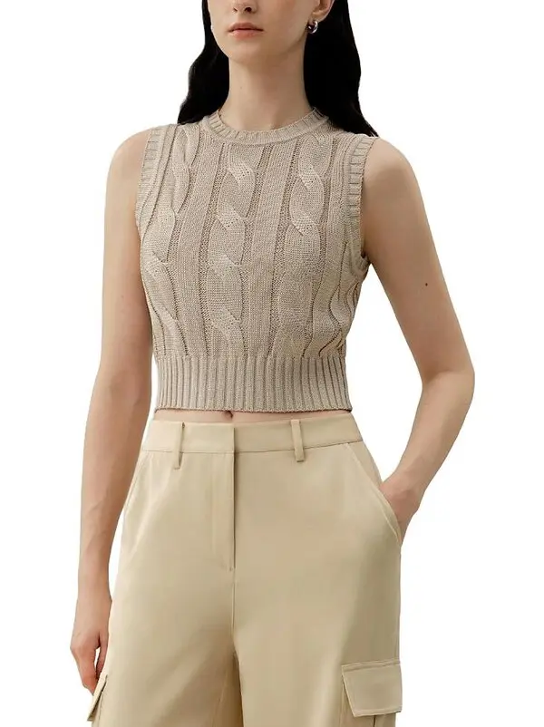 Lilysilk Cable Knit Tussah Silk Cropped Top - Beige