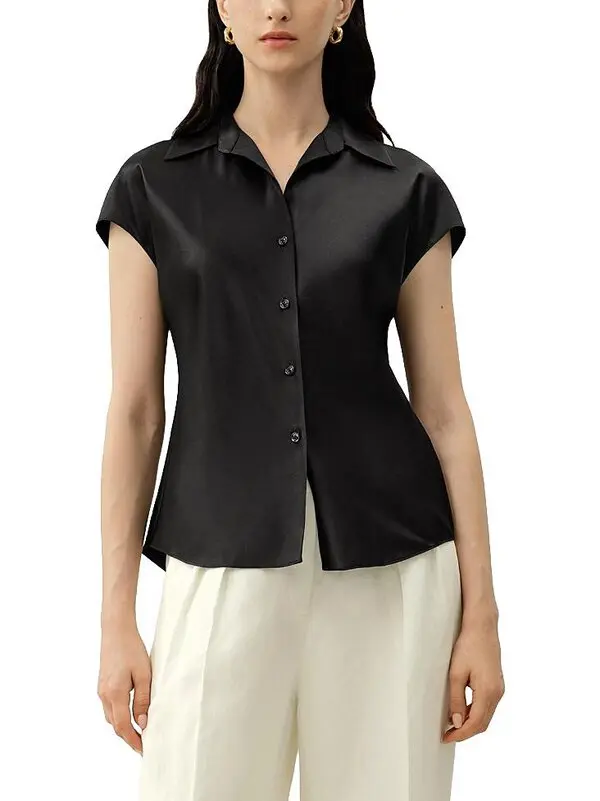 Lilysilk Bias Cut Cap-sleeve Silk Shirt - Black