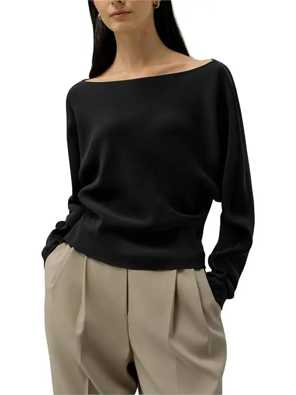 Lilysilk Long Sleeve Gathered Silk Top - Black