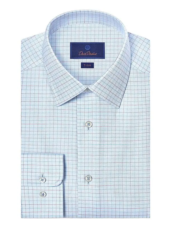 David Donahue Trim Fit Twill Check Dress Shirt - Sky/ Dune