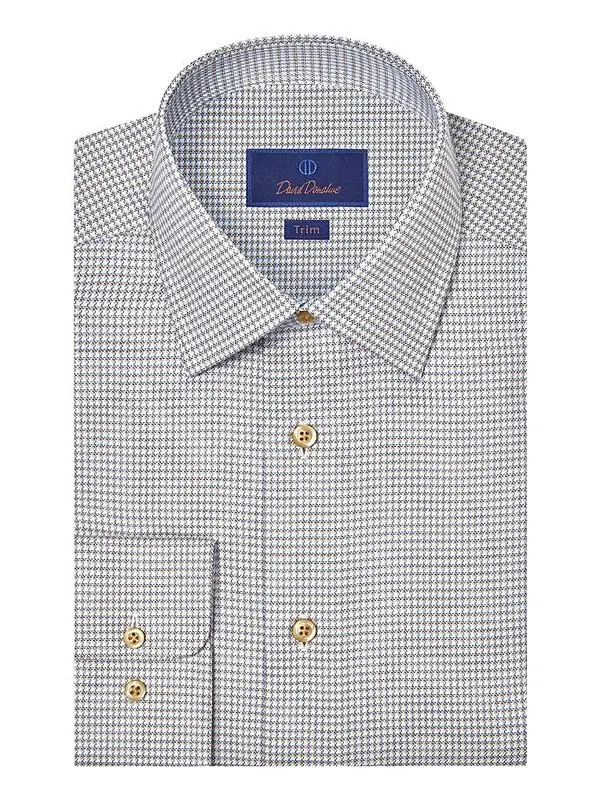 David Donahue Trim Fit Twill Micro Check Dress Shirt - White/ Dune
