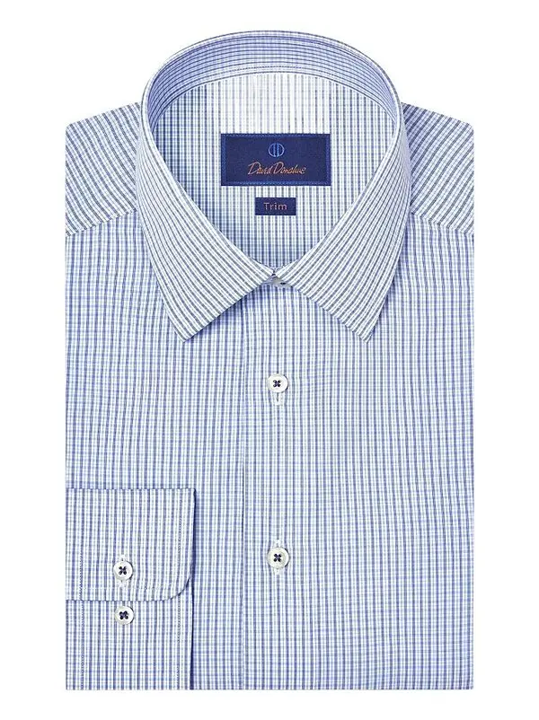 David Donahue Trim Fit Poplin Micro Check Dress Shirt - White/ Blue