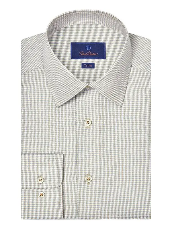 David Donahue Trim Fit Silk Blend Twill Check Dress Shirt - Sky/ Dune
