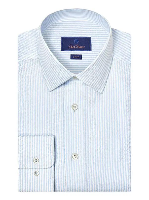 David Donahue Trim Fit Silk Blend Herringbone Stripe Dress Shirt - White/ Sky