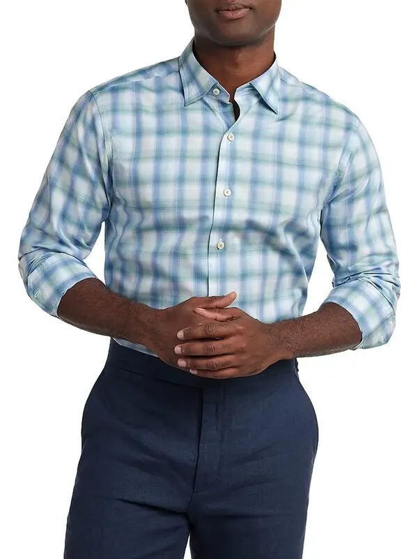 David Donahue Ombre Twill Check Shirt - Blue/ Green