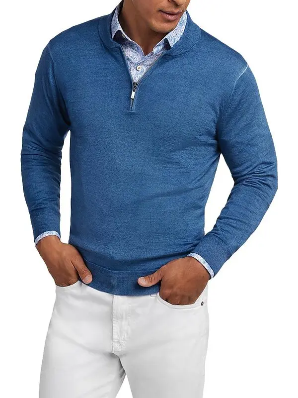 David Donahue Skipper Merino Wool Blend Quarter Zip Sweater - Tidal Blue