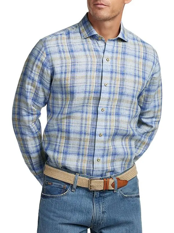 David Donahue Linen Check Shirt - Blue/ Dune
