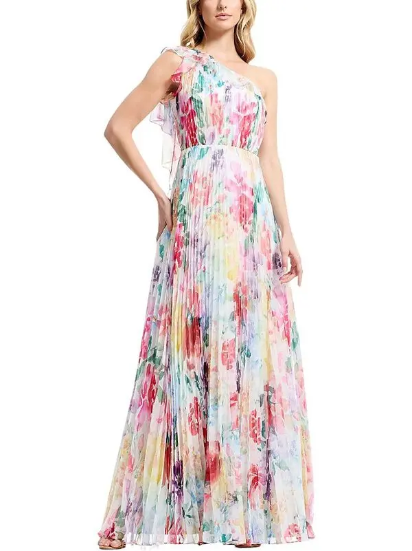 Dress The Population Sleeveless One Shoulder Fit-and-flare Gown - Ivory Multi