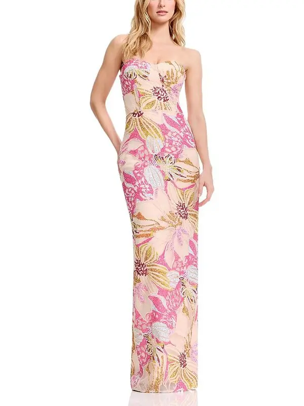 Dress The Population Strapless Sweetheart Bustier Sheath Gown - Bright Fuchsia Multi