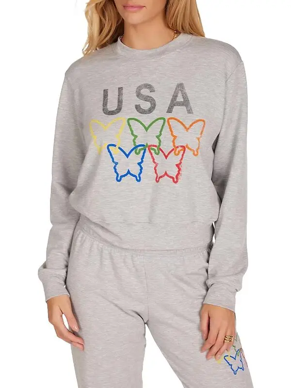 Lauren Moshi Spalding Usa Butterflies Pullover Sweater - Heather Grey
