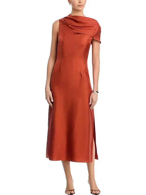 ARGENT Silk Funnel Neck Midi Dress - Burnt Red
