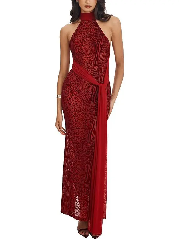 MISS CIRCLE Cerise Burnout Velvet Multiwear Mesh Ribbon Maxi Dress - Scarlet