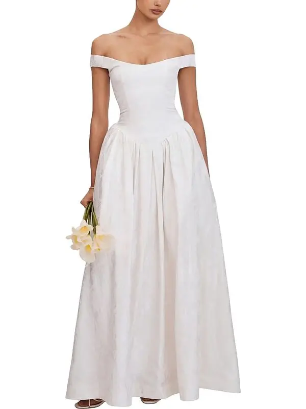MISS CIRCLE Tinsley Jacquard Bardot Gown - White