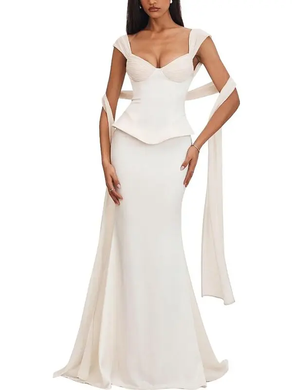 MISS CIRCLE Jessalyn Sweetheart Peplum Mermaid Gown With Chiffon Scarf - White