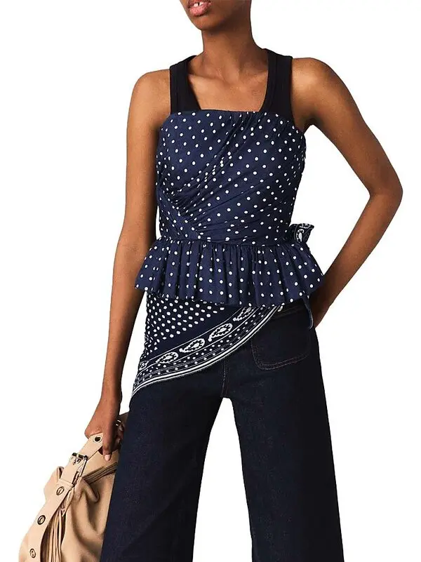 Maje Patterned Bustier Top - Navy Polka Dot Bandana Print