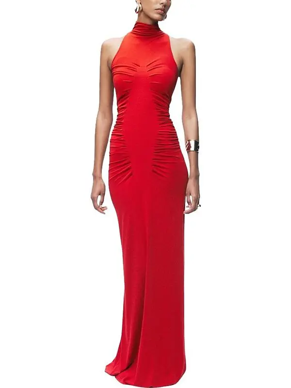 NOCTURNE Ruched High-neck Maxi Dress - Red