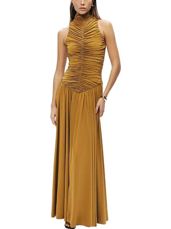 NOCTURNE Ruched High-neck Maxi Dress - Camel