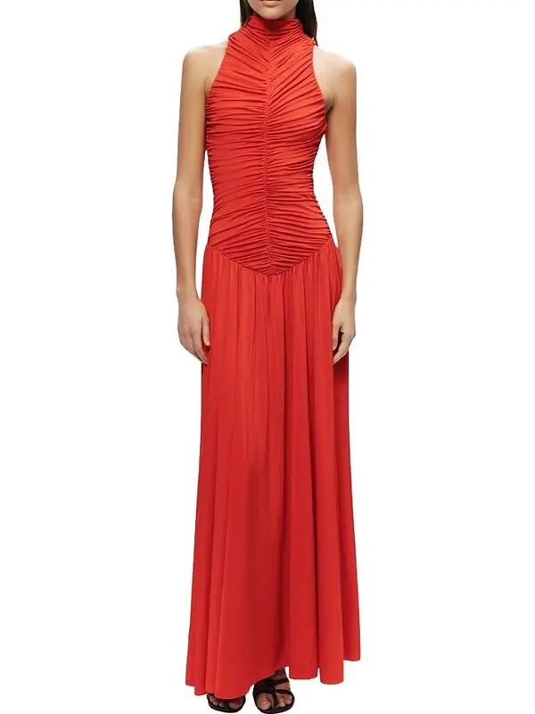 NOCTURNE Ruched High-neck Maxi Dress - Red