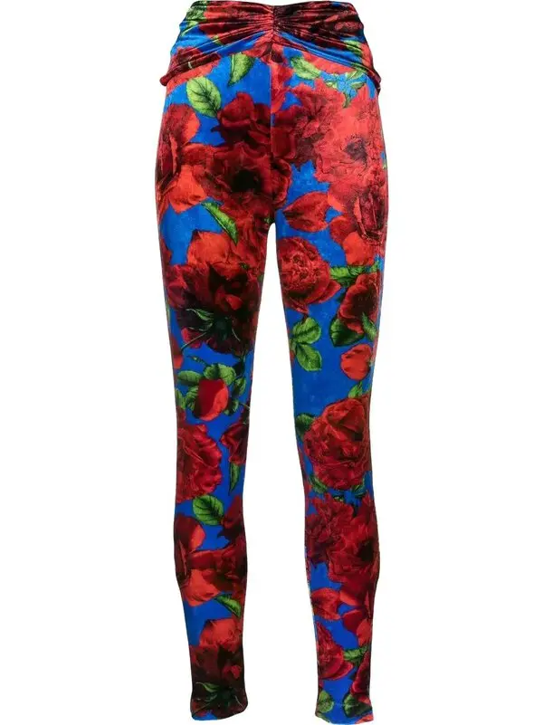 Magda Butrym Rose-print Velvet Leggings - Blue