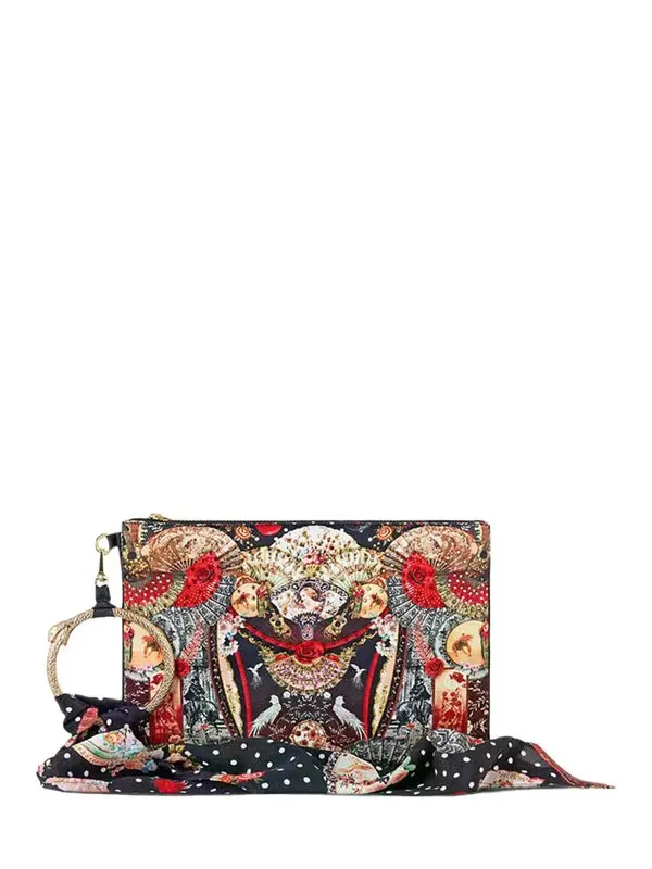 Camilla Printed Clutch With Scarf And Ring Detail - Black