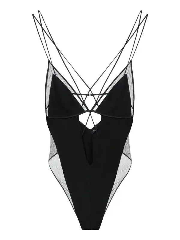 Elisabetta Franchi Bodysuit With Tulle Inserts And Open Back - Black