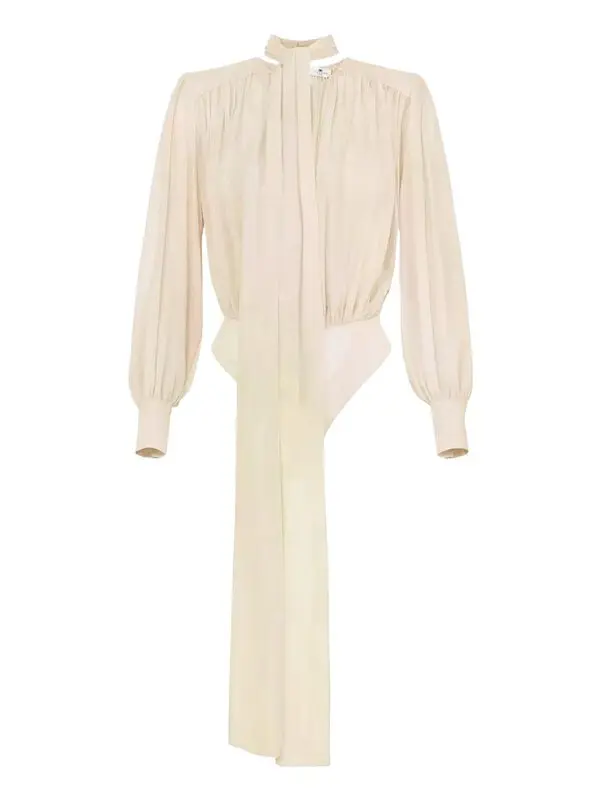 Elisabetta Franchi Silk Georgette Tie-neck Bodysuit With Balloon Sleeves - Neutrals