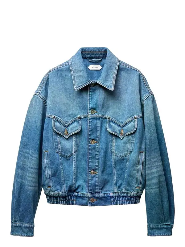 Versace Cotton Denim Blouson Jacket With Leather Inserts - Blue