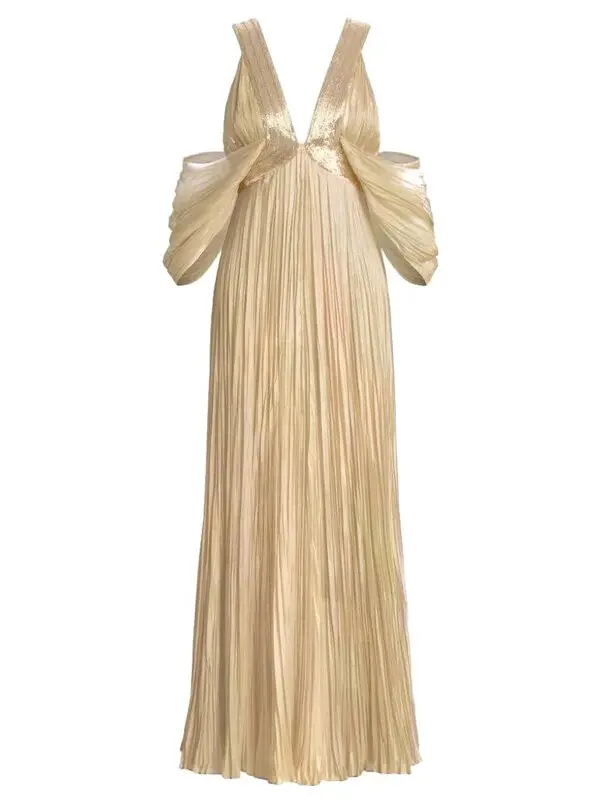 Alberta Ferretti Pleated V-neck Maxi Dress - Neutrals