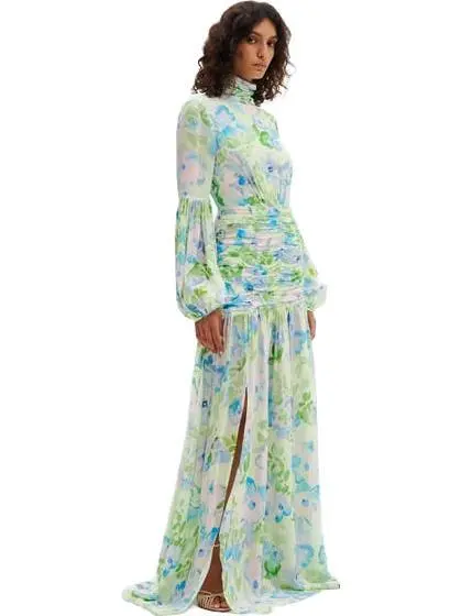 MALINA Thalia Draped Waist Maxi Dress - Pastel Floral Pistachio