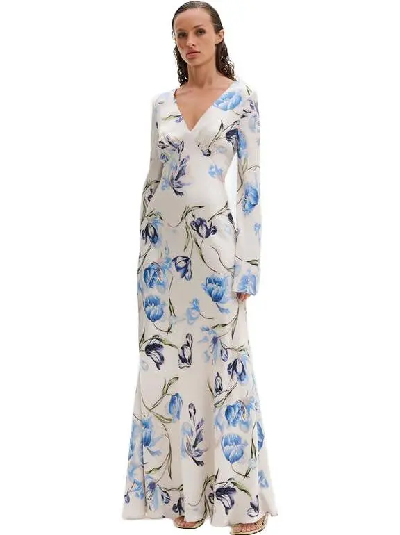 MALINA Carolina Flared Sleeve Satin Maxi Dress - Tulip Blue