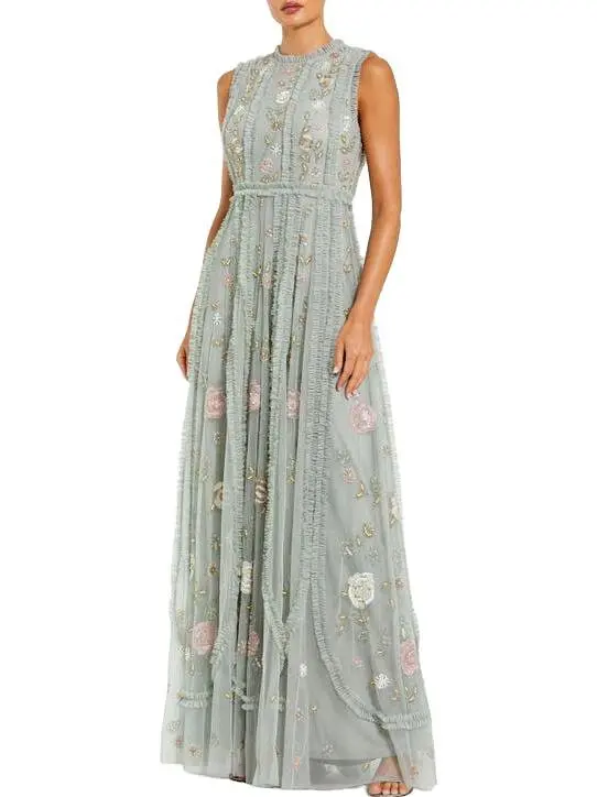 Mac Duggal Floral Embroidered Mesh A-line Gown - Sage Multi
