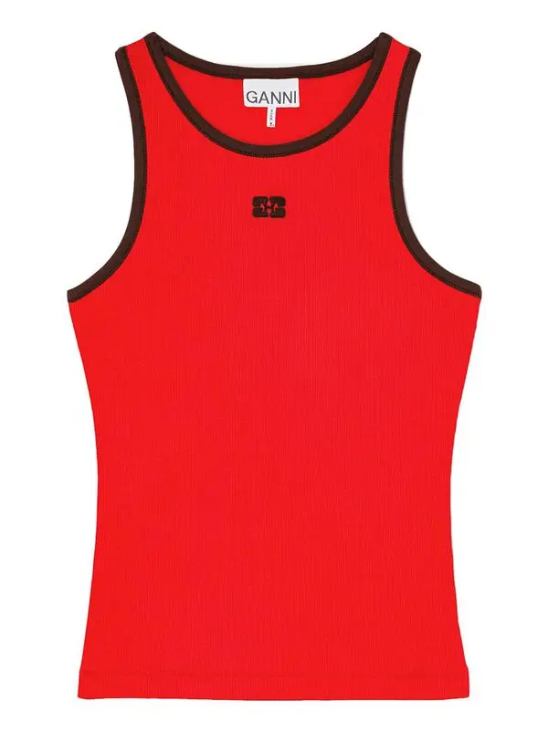 GANNI Ribbed Tank Top With Logo Detail - Red