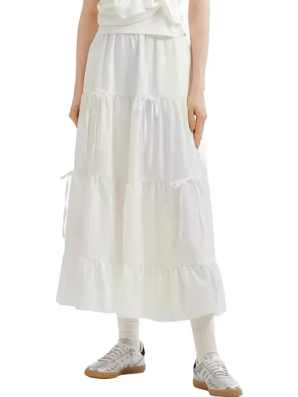 TOUT A COUP Tiered Drawstring Midi Skirt - White